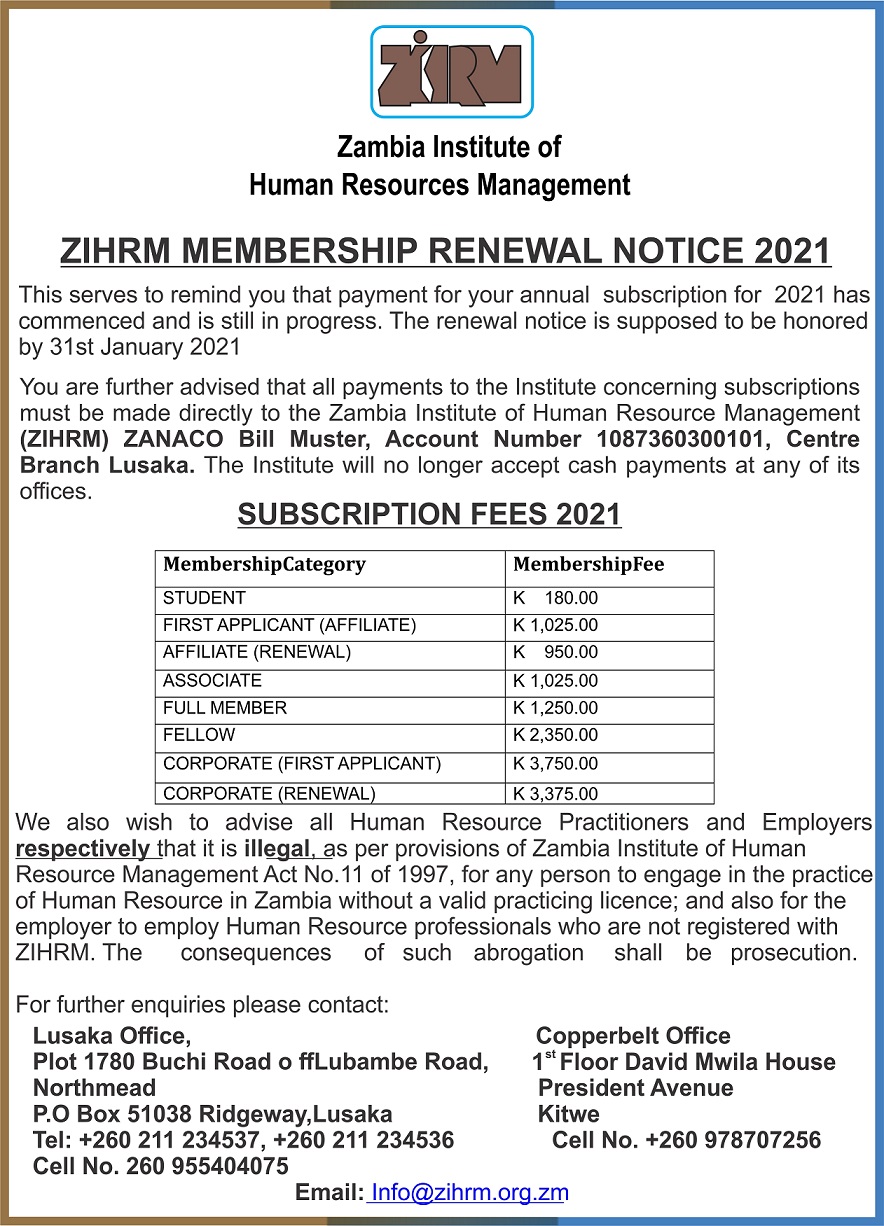 ZIHRM - Membership Subscription Fees